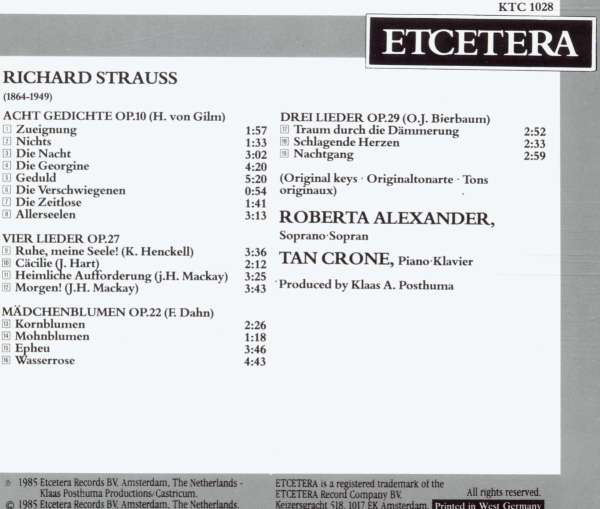 Richard Strauss: Lieder, Op. 10, 22, 27, 29 | Etcetera
